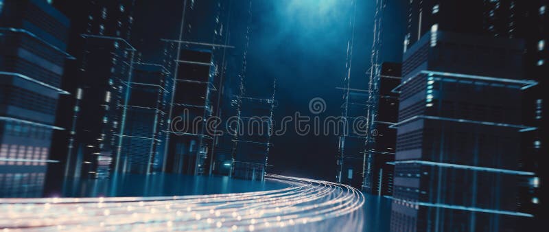 Light Path Trail Running through Digital Sci-fi Hologram Buildings in ...