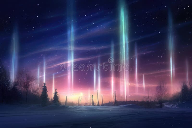 Light Pillars Creating a Magical Winter Landscape Stock Illustration ...