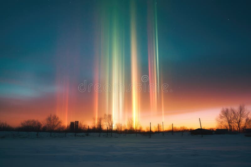 Light Pillars Creating a Rainbow Effect in the Sky Stock Illustration ...