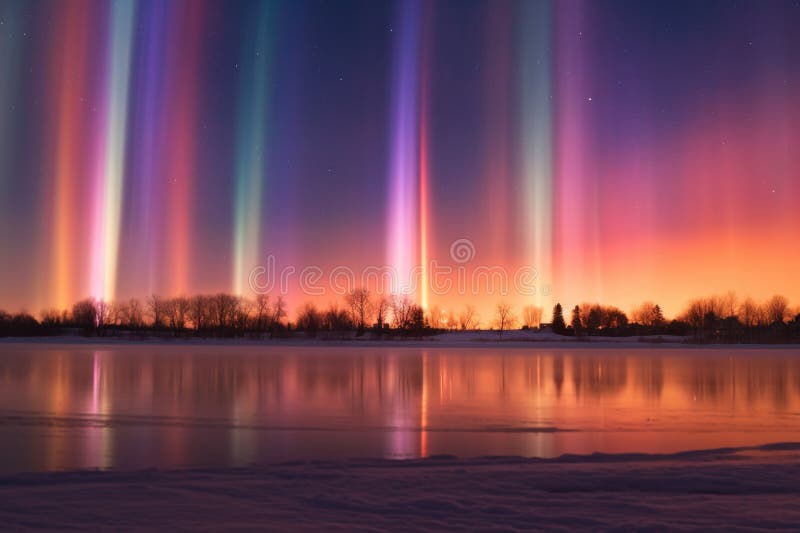 Light Pillars Creating a Rainbow Effect in the Sky Stock Illustration ...