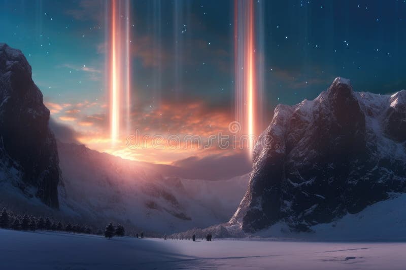 Light Pillars Over Snow-covered Mountain Range Stock Illustration ...