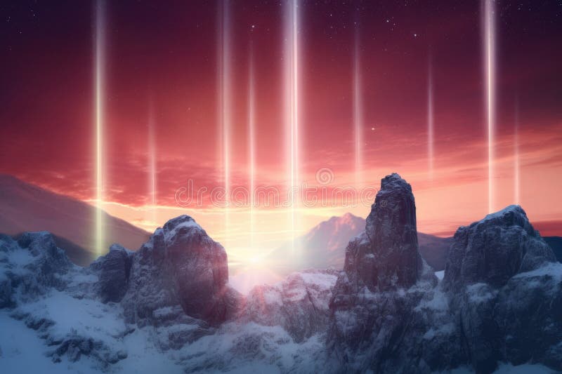 Light Pillars Over Snow-covered Mountain Range Stock Illustration ...