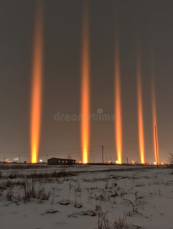 Light Pillars Rising from the Ground in a Snowy Landscape at Night with ...