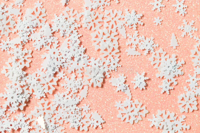 Light Pink Background with Snow Glitter and Sequins. Flat Lay Style ...