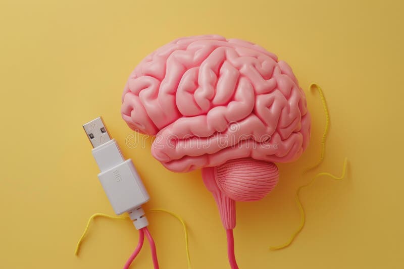 Light Pink Rubber Brain Connected To USB Cable on Yellow Background ...