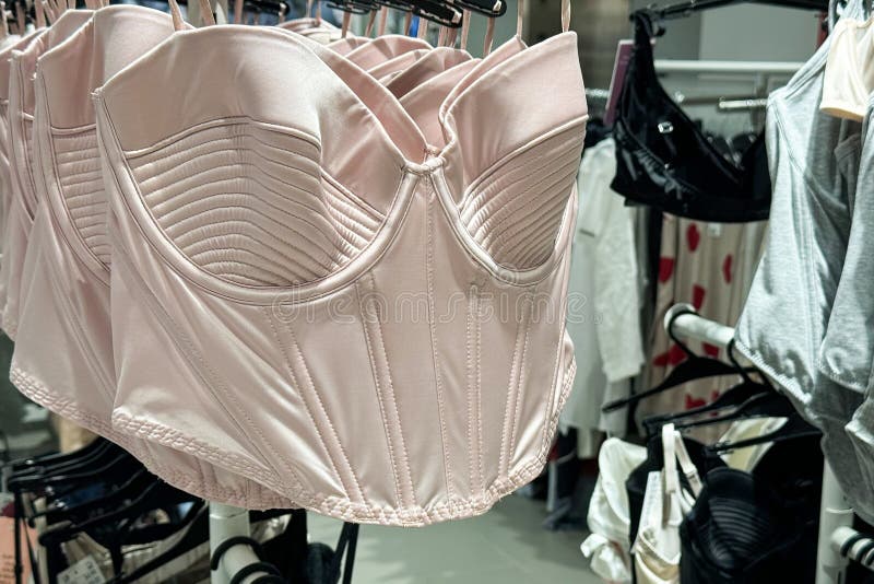 Light Pink Structured Bustier Tops Hanging on a Rack in a Clothing ...