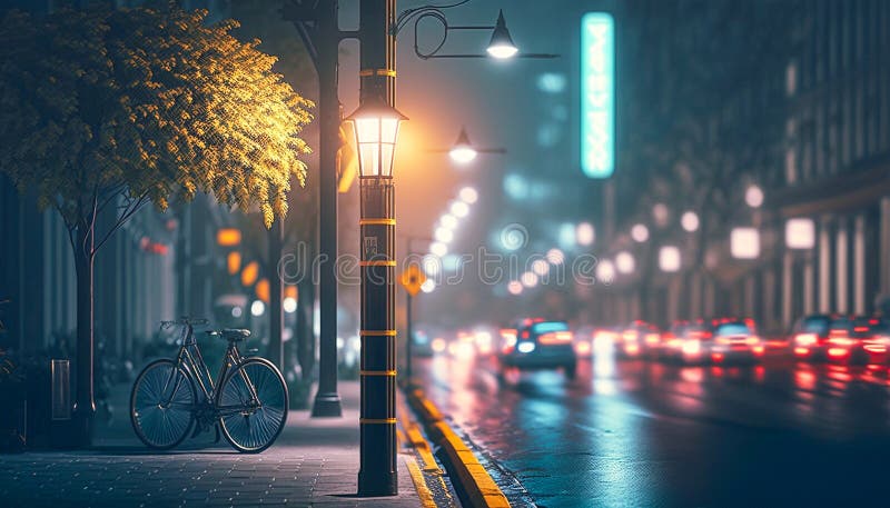 Light Pole with Bicycle Passing on the Road at Nig, Generative AI Stock ...
