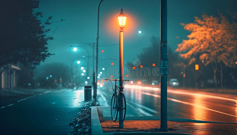 Light Pole with Bicycle Passing on the Road at Nig, Generative AI Stock ...
