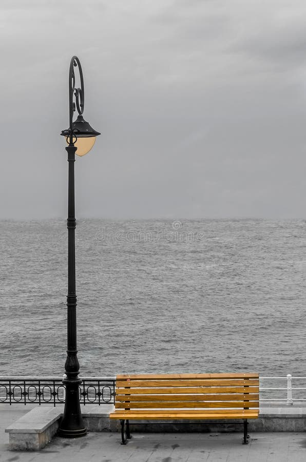 Light Pole with Colored Bench on Seafront, Seaside, Cloudy Day, Dawn ...