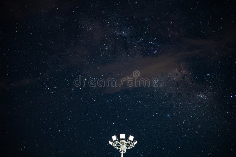 Spotlight Pole. Light Pole and Dark Sky with Stars. Stock Image - Image ...