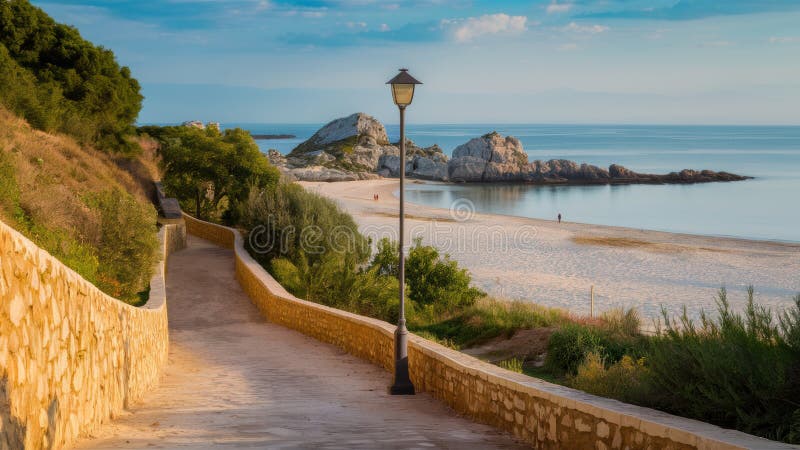 A Light Pole on a Path Leading To the Beach and Ocean, AI Stock Photo ...
