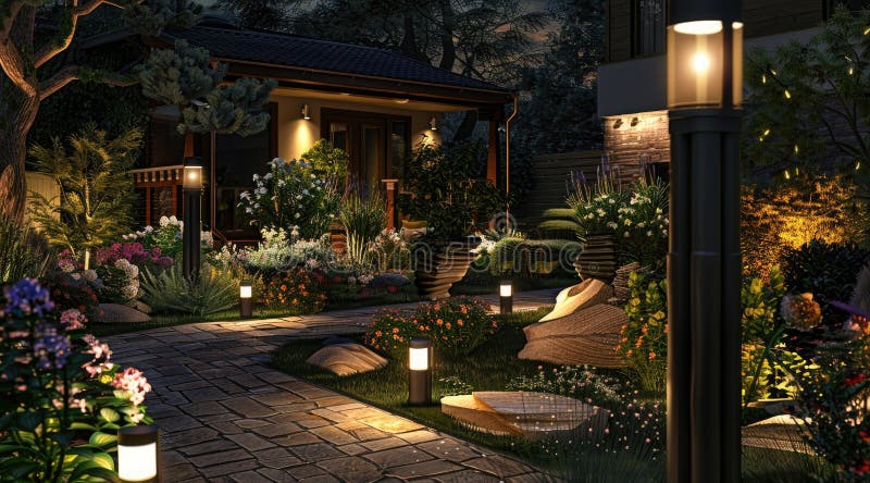 Light Posts Illuminated Backyard Garden during Night Hours. Modern ...