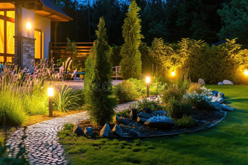 Light Posts Illuminated Backyard Garden during Night Hours. Modern ...