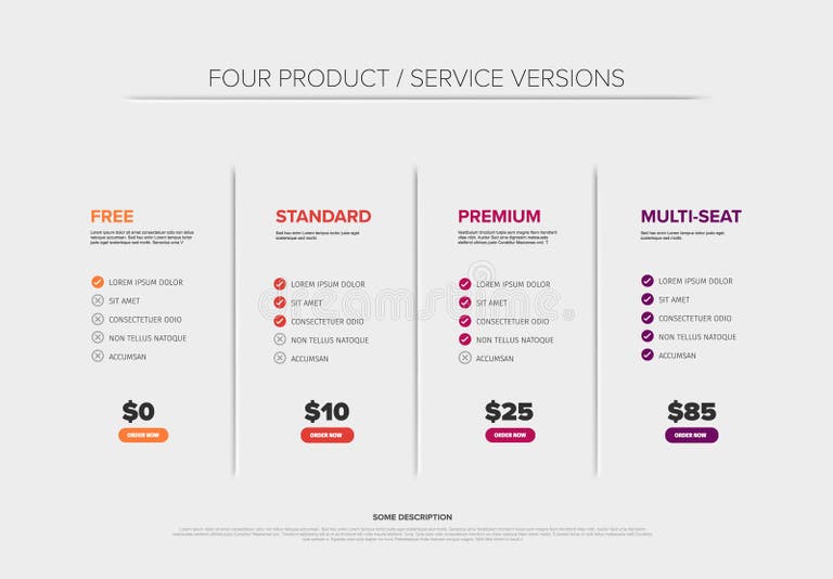 Light Pricing Table with Four Product Service Subscriptions Options ...