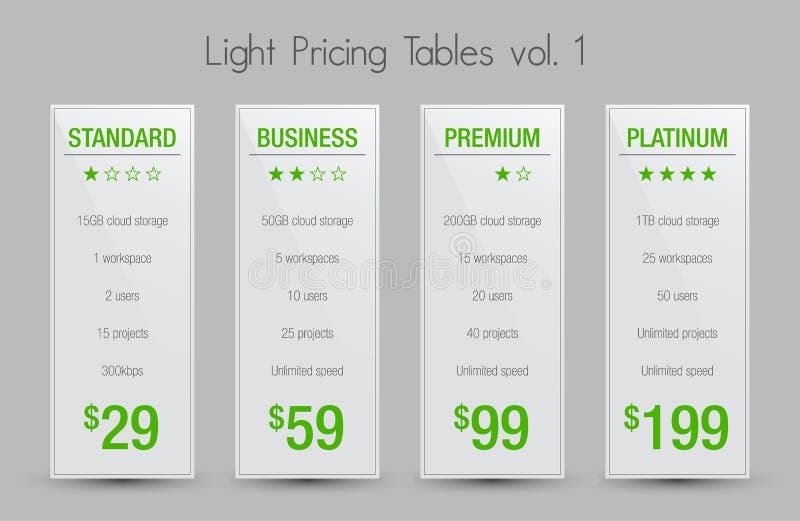 Light Pricing Table with 3 Options. Icon Set Inclu Stock Vector ...