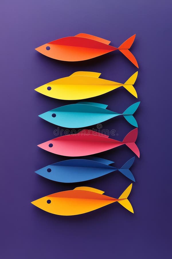 A Light Purple Background Features an Array of Colorful Paper Fish ...