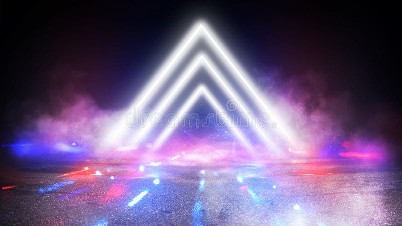 Light Pyramid Triangle. Neon Triangle in the Center, Light, Rays, Smoke ...