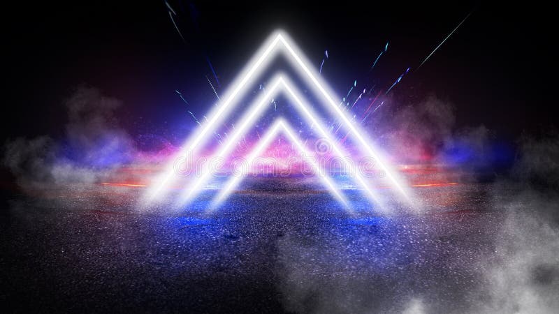 Light Pyramid Triangle. Neon Triangle in the Center, Light, Rays, Smoke ...