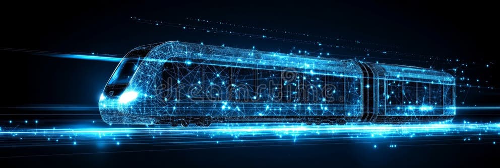 Light Rail Icon, Tram in Lines, Connected Dots and Triangles on Blue ...