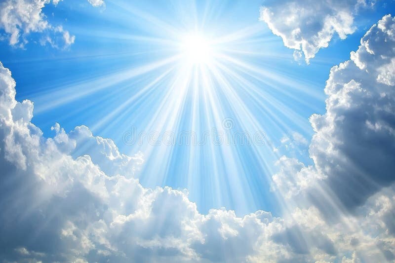 Light Rays or Beams of Sun Bursting through Clouds. Blue Sky with ...