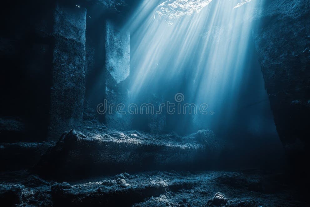 Light Rays Illuminating an Underwater Cave with Dark Stone Formations ...