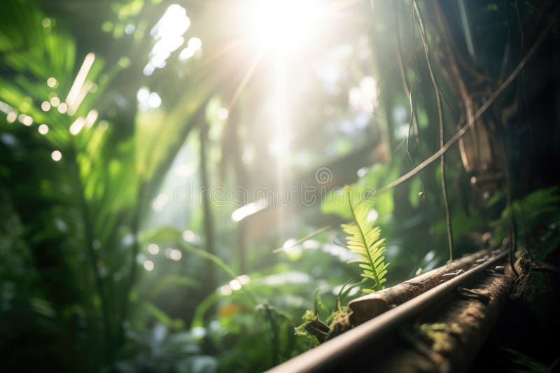 Light Rays Peeking at a Rail End in a Green Jungle Stock Image - Image ...