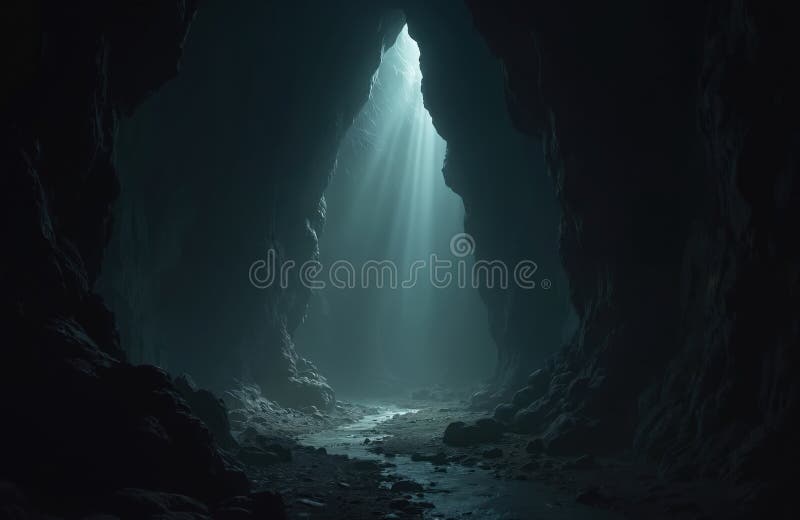 Light Rays Pierce Darkness Inside Cave with Underground River. Natural ...