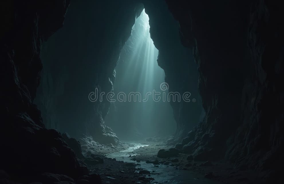 Light Rays Pierce Darkness Inside Cave with Underground River. Natural ...