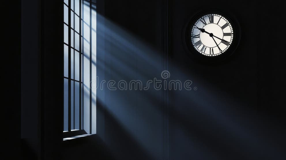 Light Rays Streaming through Window in Dark Room with Clock Stock ...