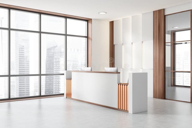 Light Reception Interior Desk with Computer and Business Conference ...