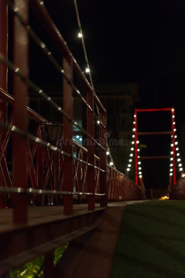 Light at Red Footbridge at Night Stock Photo - Image of pavement ...