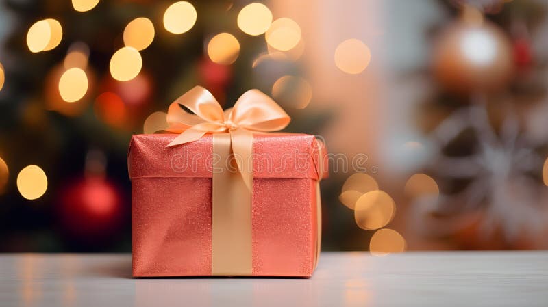 Light Red Gift Box in Front of a Blurred Christmas Background. Festive ...