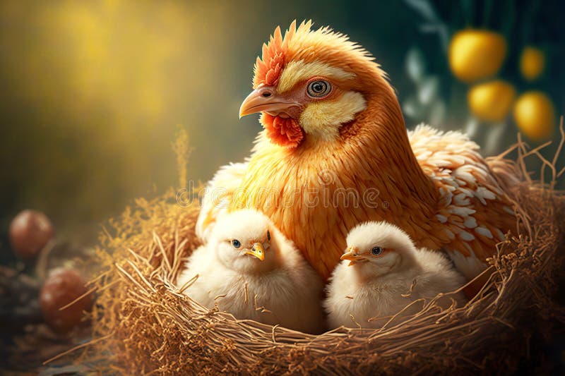 Light Red-haired Mama Chicken with Fluffy Chicks Sitting on Hay in Nest ...
