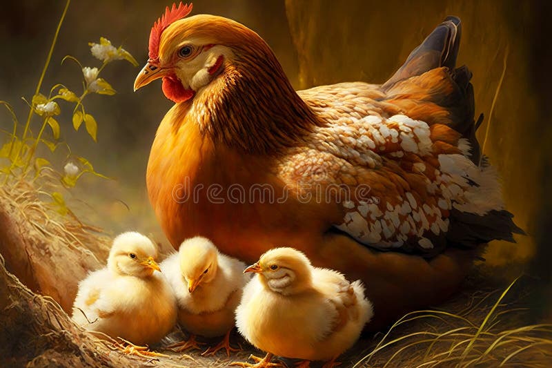 Light Red-haired Mama Chicken with Fluffy Chicks Sitting on Hay in Nest ...