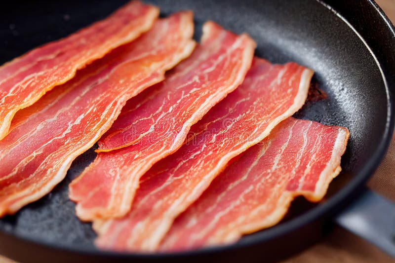 Light Red Strips of Fried Bacon Cooked in Cast Iron Skillet Stock ...