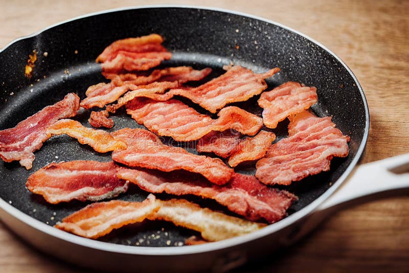 Light Red Strips of Fried Bacon Cooked in Cast Iron Skillet Stock ...