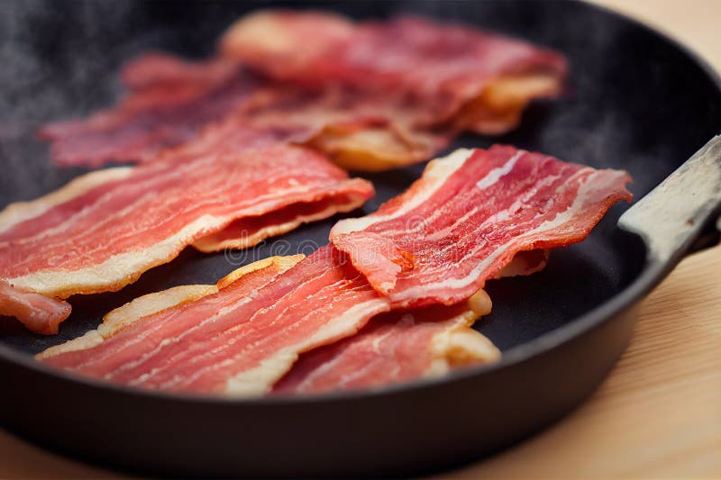 Light Red Strips of Fried Bacon Cooked in Cast Iron Skillet Stock ...