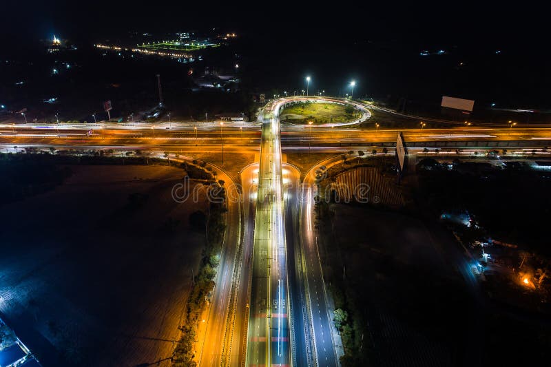 The Light on the Road Roundabout at Night Aerial View. Top View Stock ...
