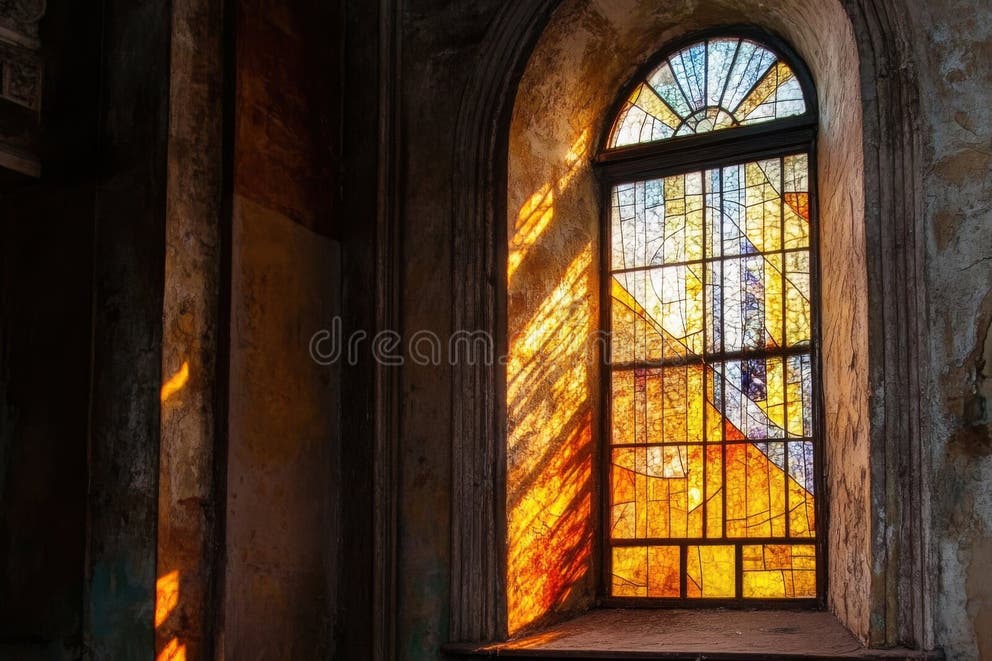 Light Scattering through Stained Glass in Rustic Setting Stock ...