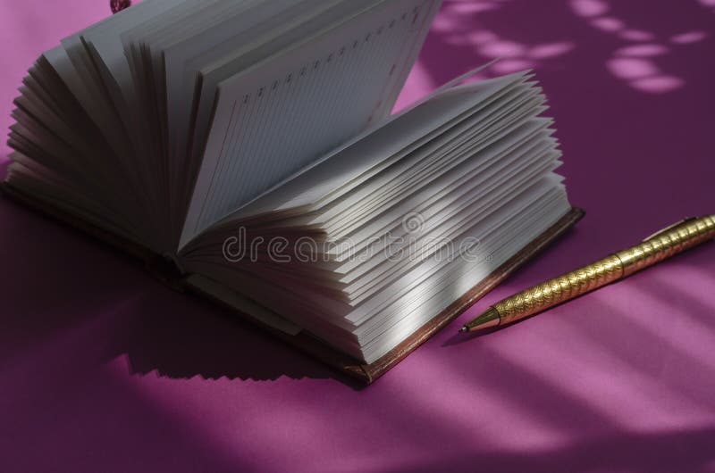 Light and Shadow Composition with an Open Diary on a Pink Table. Stock ...