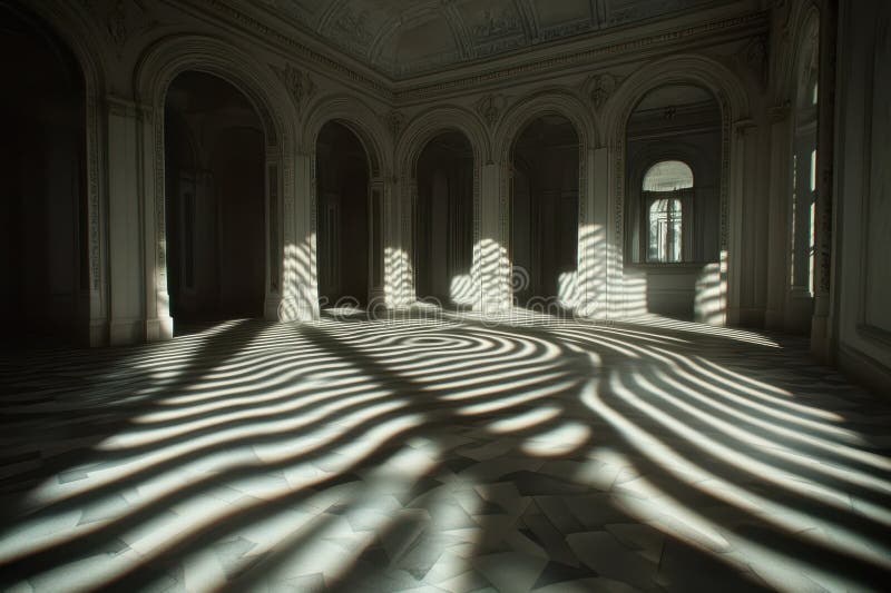 Light and Shadow Dance in an Empty Historic Room with Elegant Architecture Stock Illustration ...