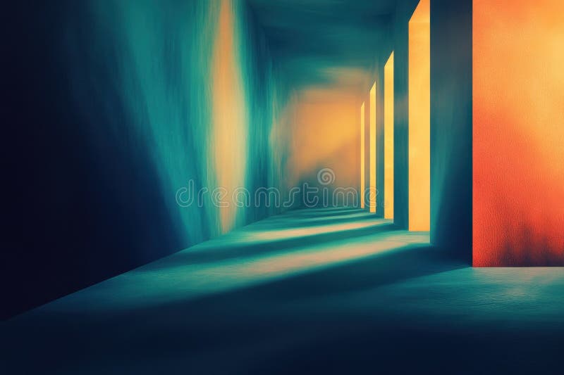 Light and Shadow Interplay in a Corridor with Colorful Walls at Dusk ...