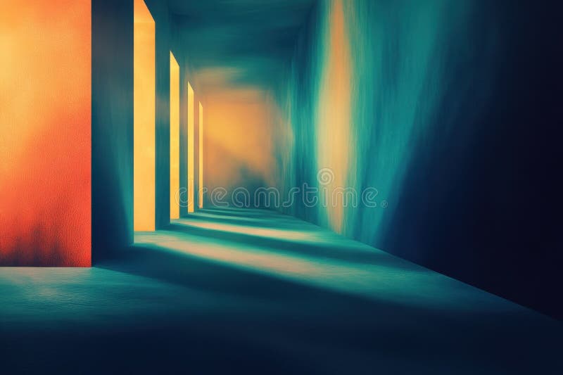 Light and Shadow Interplay in a Corridor with Colorful Walls at Dusk ...