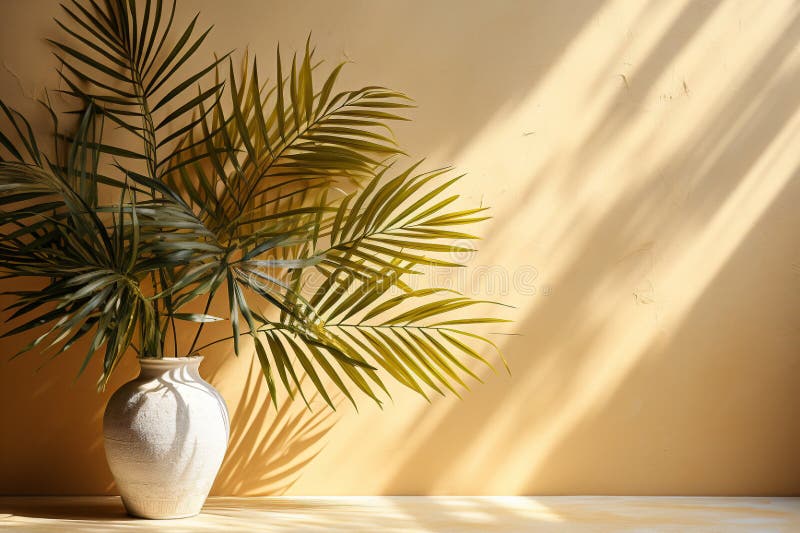 Light Shadow of Palm Leave in the Top Left Corner, on the White Beige ...