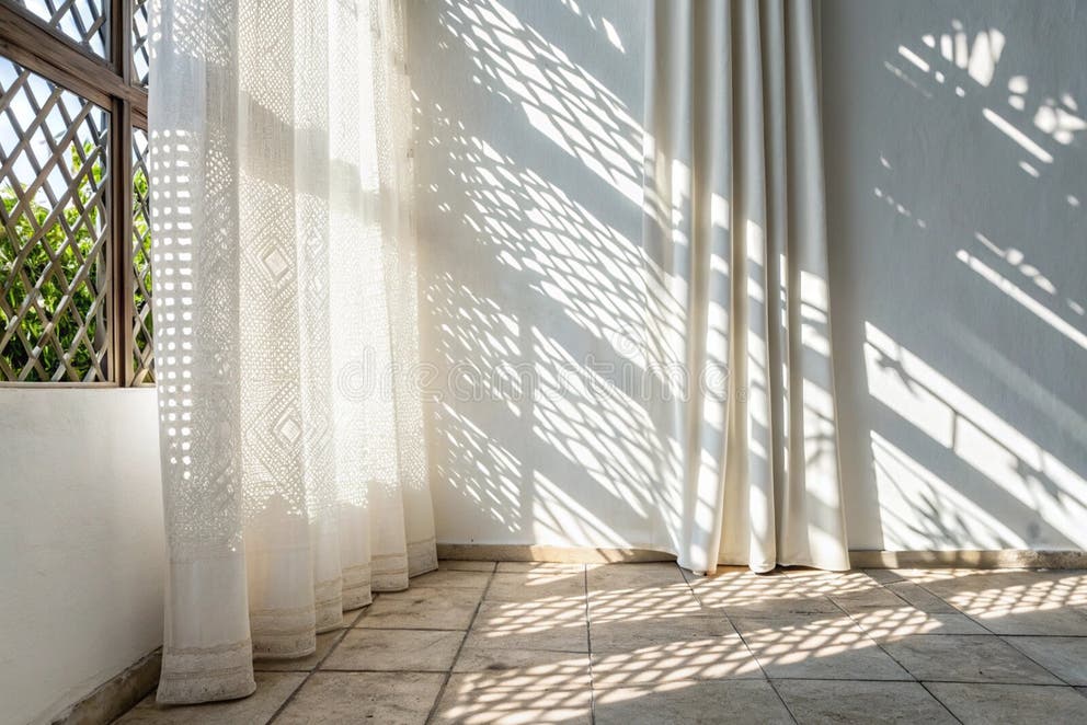 Light and Shadows from Curtain on White Wall Stock Image - Image of ...