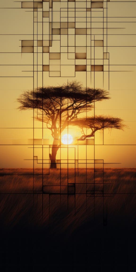 Abstract Geometric Composition of African Sunrise with Lone Acacia Tree ...