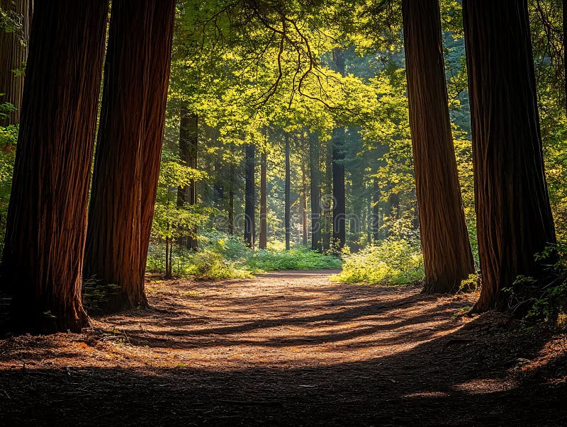 Light Shines on a Forest Path through the Trees Stock Image - Image of ...