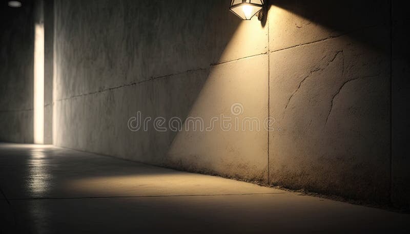 A Light Shines on a Wall in a Dimly Lit Room with a Concrete Wall and a ...