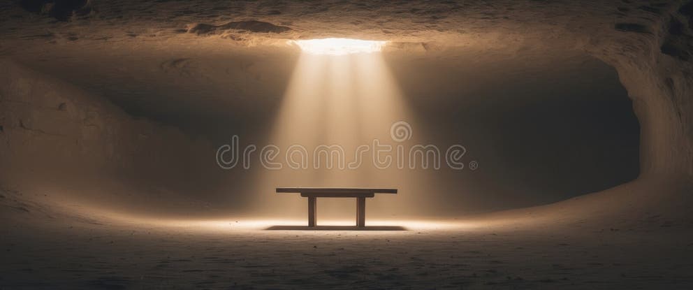 Light Shining Down into an Underground Cave with Wooden Table. Stock ...
