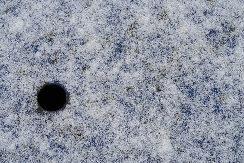 Light Snow Cover on a Blue Metal Surface with a Round Hole, Snowy ...